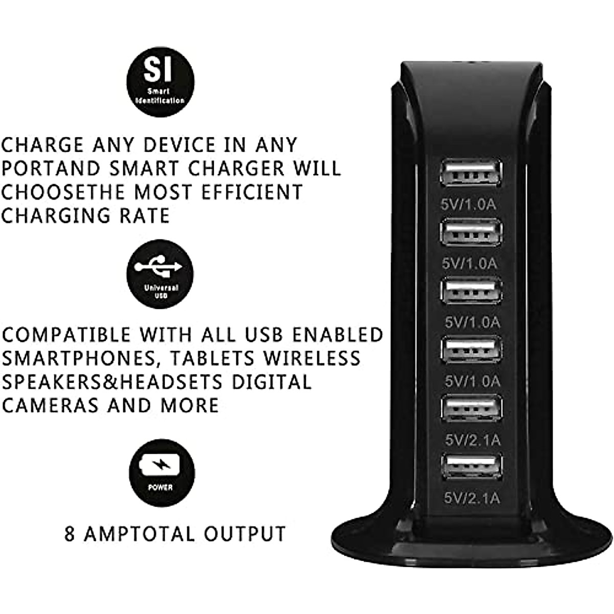 Charging Station for Multiple Devices, USB Charging Hub 30W 6 Port Fast Charging Station, Multiport Wall Charger Quick Charge 2.1A Tower Power Adapter