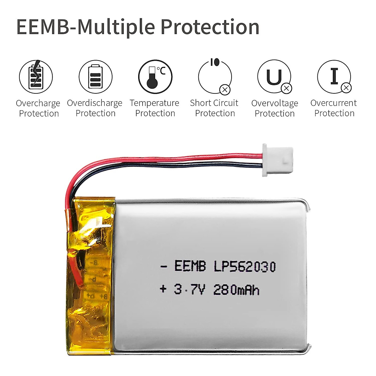 EEMB Lithium Polymer Battery 3.7V 280mAh 562030 Lipo Rechargeable Battery Pack with Wire Molex Connector for Dashcam Bluetooth Speaker - Confirm Device & Connector Polarity Before Purchase