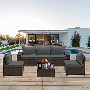 Kullavik Outdoor Patio Furniture Set 6 Pieces Sectional Rattan Sofa Set Brown PE Rattan Wicker Patio Conversation Set with 5 Grey Seat Cushions and 1 Tempered Glass Table