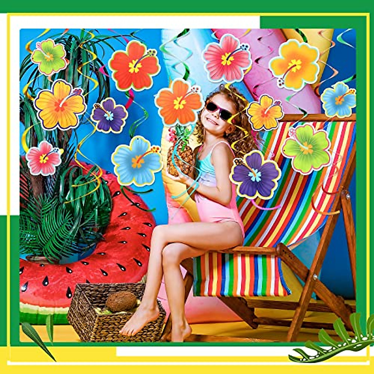 30 Pcs Hawaiian Luau Party Hanging Swirls Tropical Hibiscus Swirls Flower Foil Swirl Ceiling Decorations Hawaiian Party Accessories for Tiki Cocktail Pool Beach Summer Luau Birthday Party Supplies