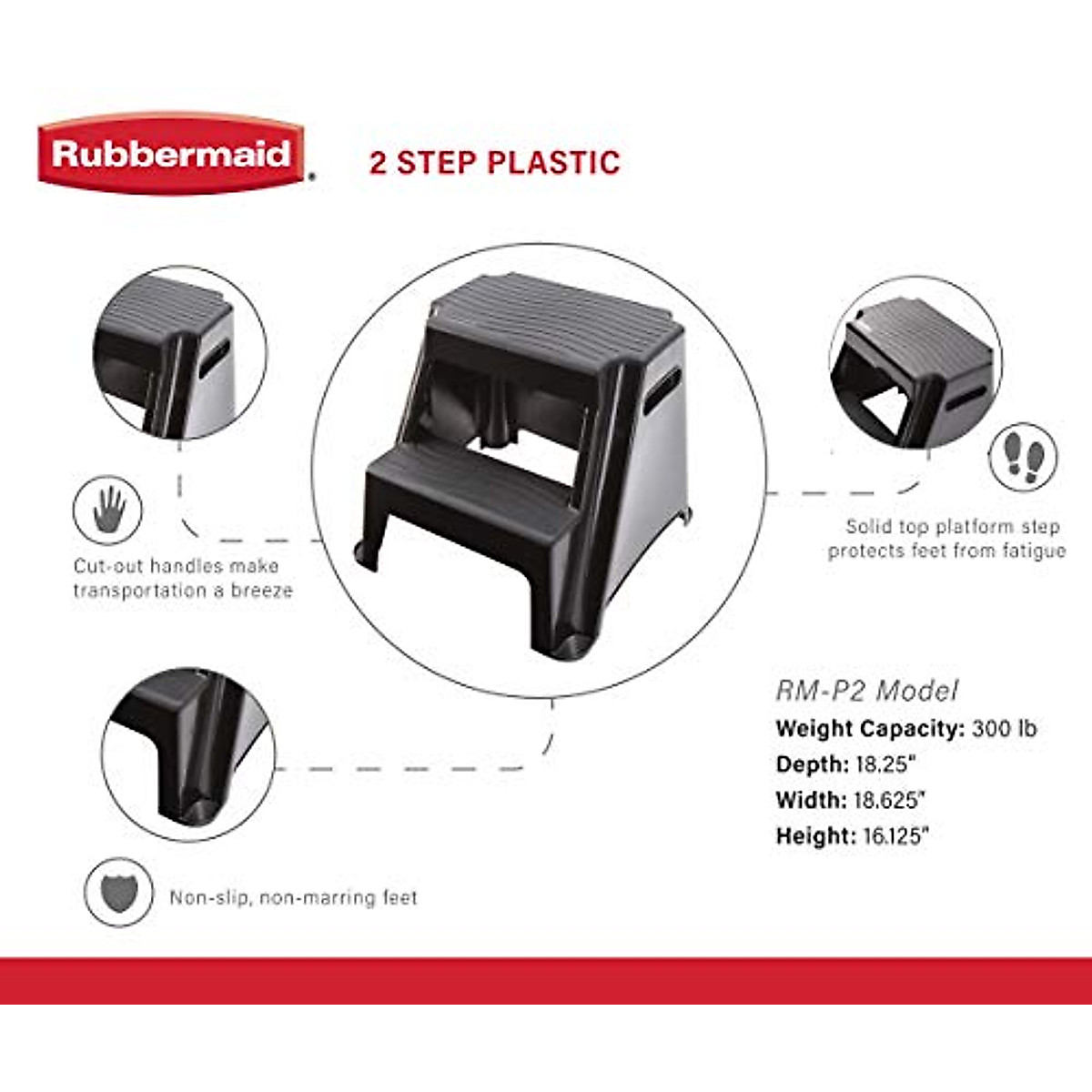 Rubbermaid RM-P2 2-Step Molded Plastic Stool with Non-Slip Step Treads, 300-Pound Capacity (Amazon Exclusive) , Black