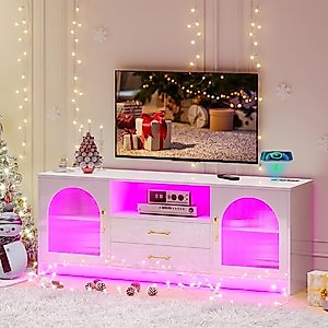 Gurexl RGB TV Stand with Wireless Charging Station for TVs up to 75 Inch,Human Sensor LED TV Cabinet with USB&Type-C Ports,24 Color Dimmable Television Stand with Drawers & Storage Cabinet