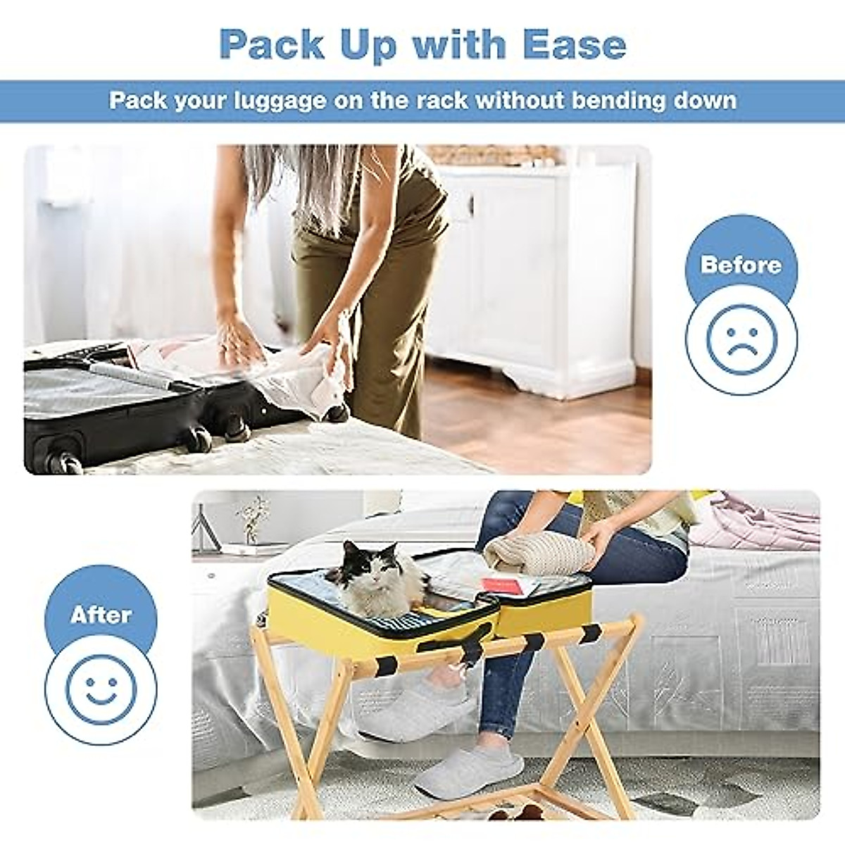ALAPUR 2 Pack Bamboo Luggage Rack for Guest Room, Folding Luggage Holder with Storage Shelf , Suitcase Stand for Bedroom,Guest Room,Hotel