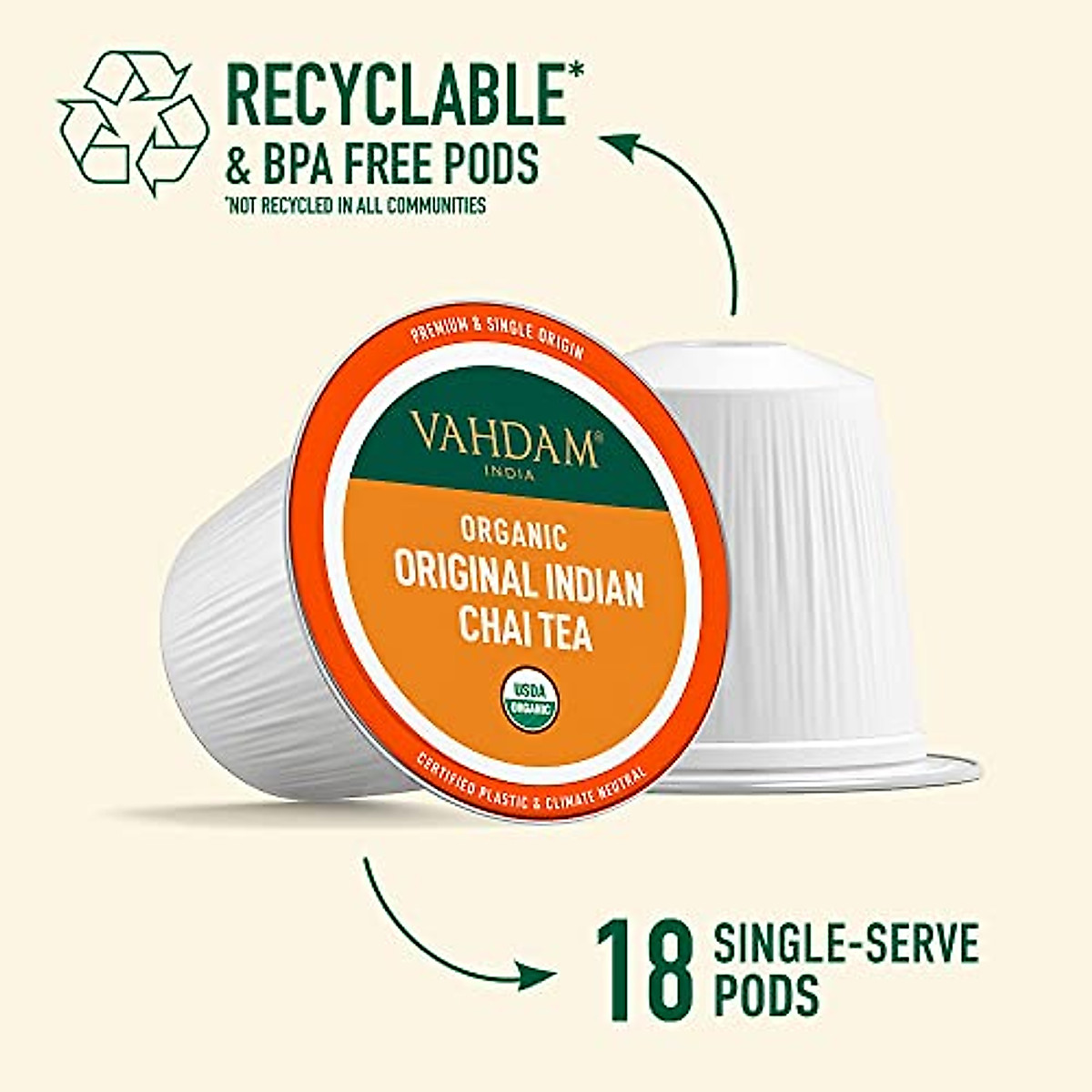 VAHDAM, Organic Original Masala Chai Tea K Cup (18 Pods) Caffeinated Rich Black Tea Pods | Keurig Compatible | BPA Free & Recyclable Pods | Single Serve Spiced Masala Chai Tea Pods