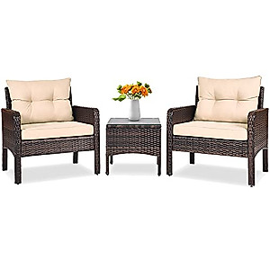 Tangkula 3 Piece Outdoor Patio Furniture Set for 2, Wicker Chairs with Glass Top Coffee Table, Thick Cushions, All Weather Garden Lawn Poolside Backyard Porch (Brown)