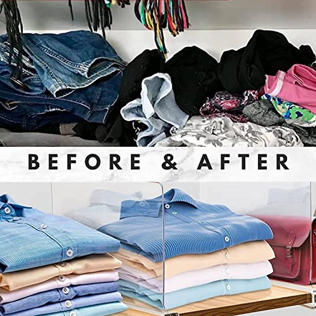 J1ST Pack of 4 Shelf Dividers for Closet Organization Acrylic Clear Closet Shelf Divider for Wooden Shelving Suitable for Wooden or Vertical Shelves or Bedroom, Kitchen and Office