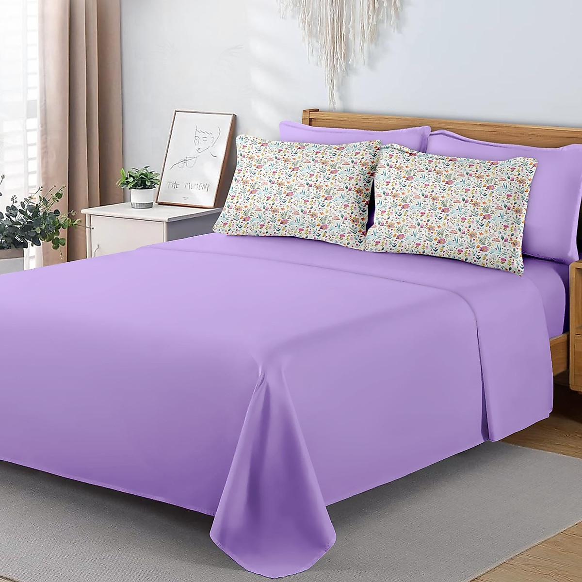 Pinbeam 5 Pcs Comforter Set Twin Size, Vintage Flower Mushroom Bed in a Bag with Flat Sheet and Fitted Sheet for Kids and Adults, Cute Botanical Plant Birds Bedding Set with Pillowcase & Sham