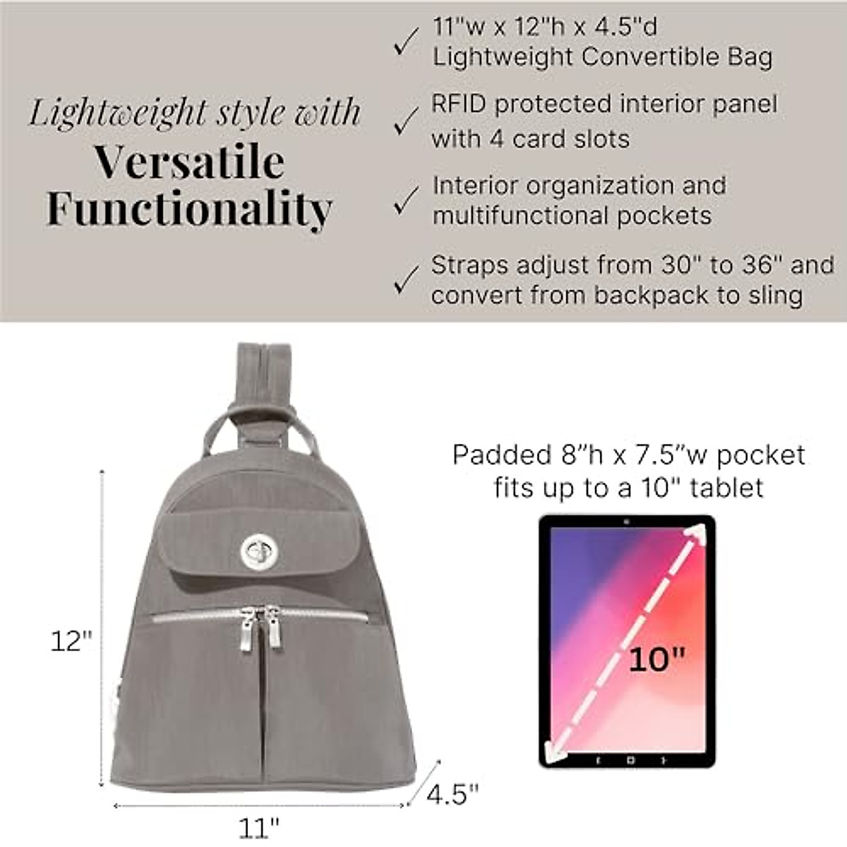 Baggallini Naples Convertible Small Daypack Sling Crossbody, Sterling Shimmer