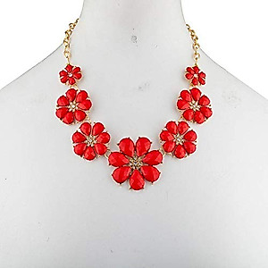 LUX ACCESSORIES Gold Tone and Red Pave Large Floral Flower Statement Necklace