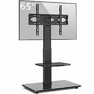 Rfiver Universal Swivel Floor TV Stand with Mount for 32-65 Inch Flat Screens/Curved TVs up to 110 lbs, Tall TV Stand with Black Tempered Glass Base and 2-Tier Storage Shelves, Height Adjustable