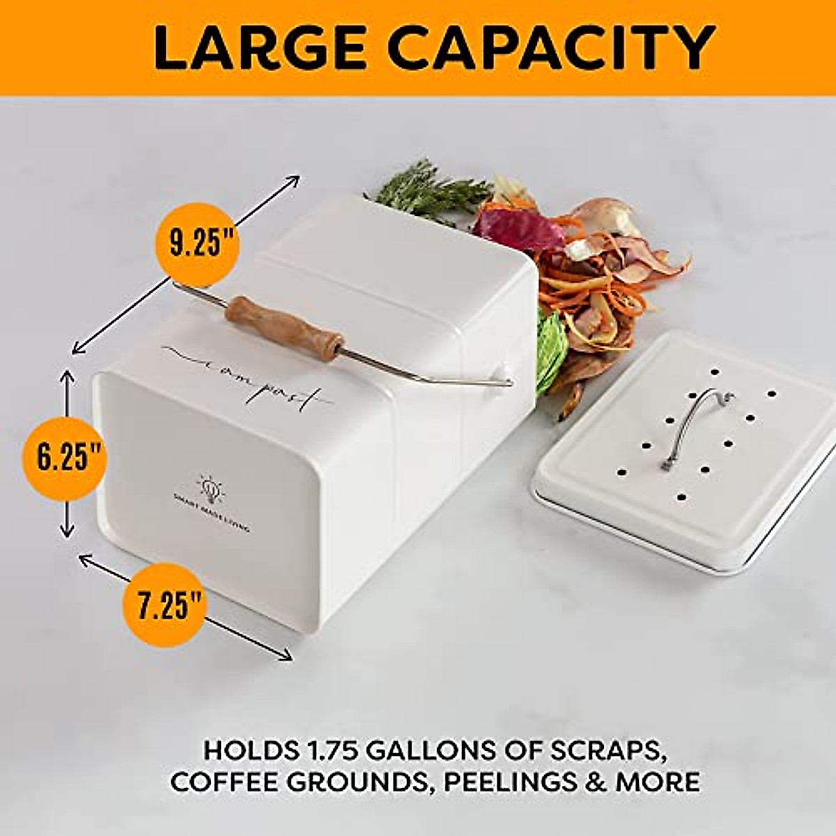 Compost Bin for Kitchen - Farmhouse Countertop Composting Container - 1.7 Gallon Carbon Steel Pail for Food Scraps - Metal Bucket with Lid, Wooden Handle & Charcoal Filter