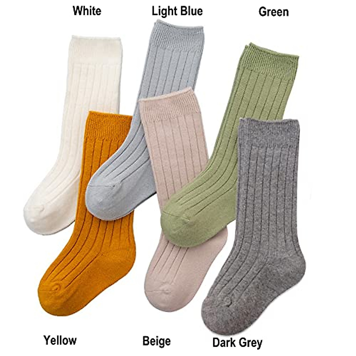 Exegawe Baby Girls Socks Cotton Toddler Knee-High Stockings Kids Cozy Warm Solid Color Long Socks for 0-5T(C-Solid 6 Pairs,L/3-5y)