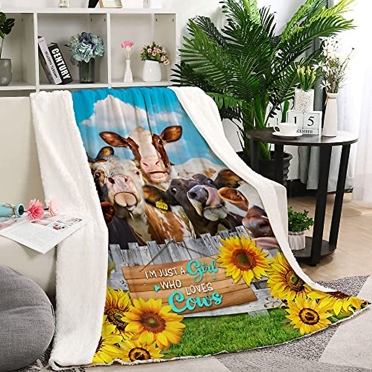 Funny Cow Print Blanket Cute Cow Sunflower Decor Bedding Throw Blanket Gifts for Girl Women Christmas Birthday Valentine's Day Soft Cute Farm Animal Cow Blanket Gifts (COW6,50"x 60")