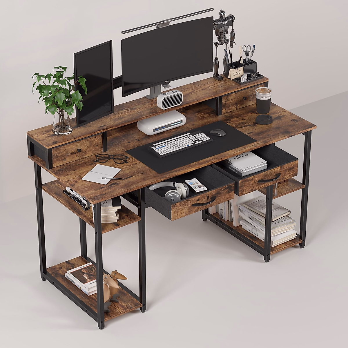 Treesland Computer Desk, 47" Office Desk with Monitor Shelf, Dual Tiers Home Office Gaming Desk with Drawers, Work Desk with Double-Layer Storage Rack, Stable Writing Desk, Rustic Brown