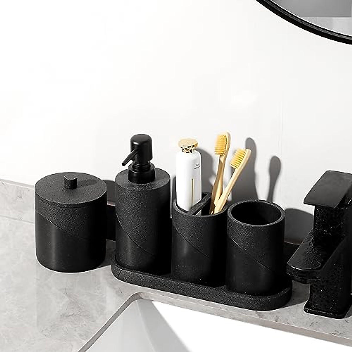 Bathroom Accessories Set, 5PCS Modern Bathroom Accessory Set with Tray, Mouthwash Cup & Toothpaste Holder & Qtip Holder, Soap Dispenser (Black)