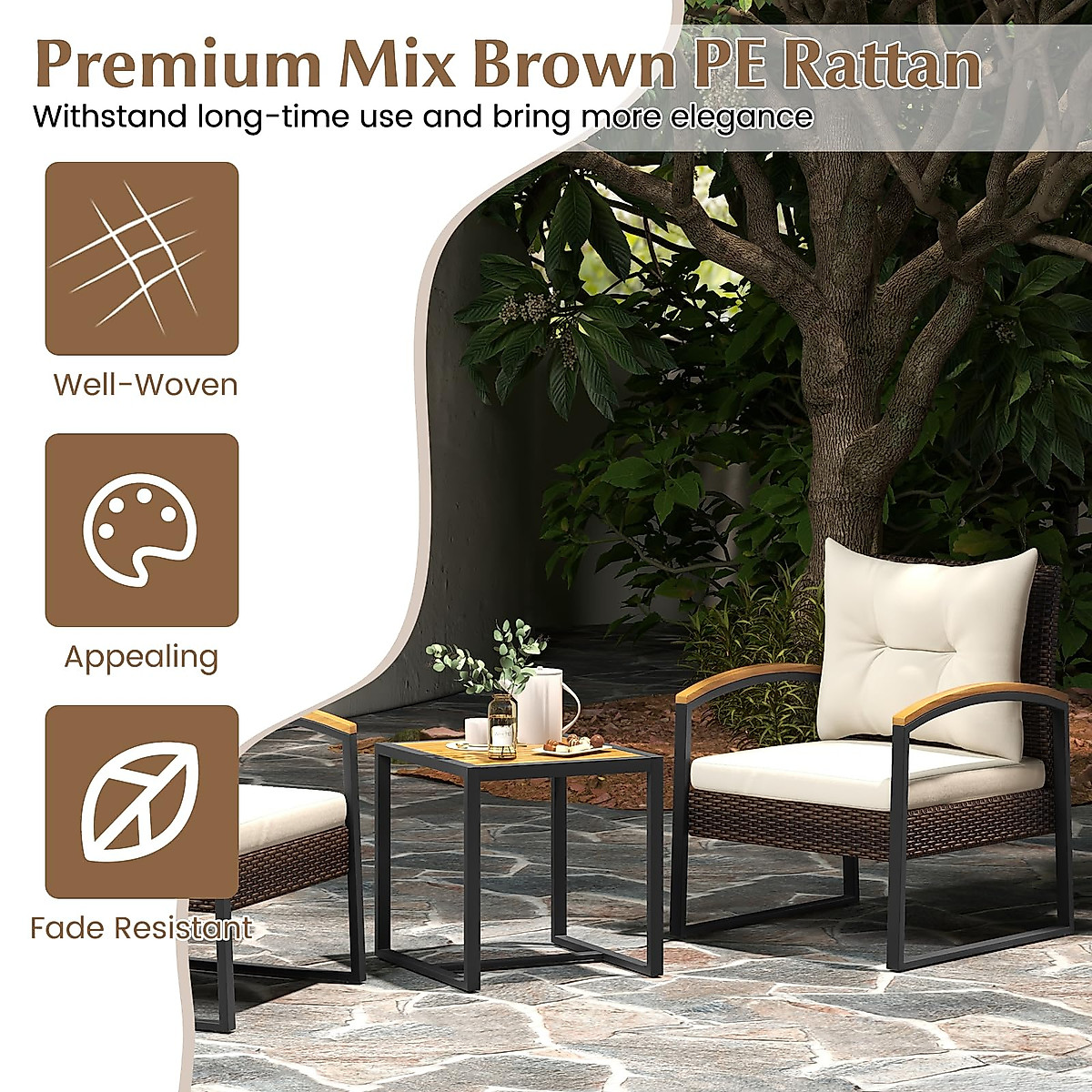 Tangkula 3 Piece Patio Conversation Set, Includes 2 Rattan Chairs and Coffee Table, Solid Acacia Wood Armrests & Tabletop, Outdoor Cushioned Wicker Furniture Set for Backyard, Poolside, Lawn, Garden