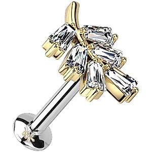 CZ Leaf Threadless Push in Top 316L Surgical Steel Labret, Convex Back Stud (16GA, L: 1/4" (6mm), Gold)