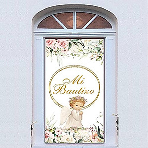 Mi Bautizo Door Banner Decor SuppliesFirst Holy Communion Christening Banner Baptism Photo Backdrops Baby Shower Door Banner Cake Table Banner 72.8 x35.4in Outdoor & Indoor Hanging Banner