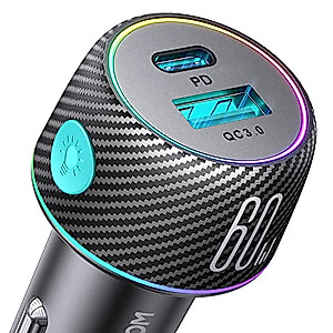 USB C Car Charger, 60W 2-Port Super Fast Car Charger Adapter, JOYROOM PD 30W & QC 30W & PPS 25W Fast Car Charger for iPhone 14/13/12, iPad Pro, Samsung Galaxy S22/21/Pixel 7/Moto/LG,7 Color Modes