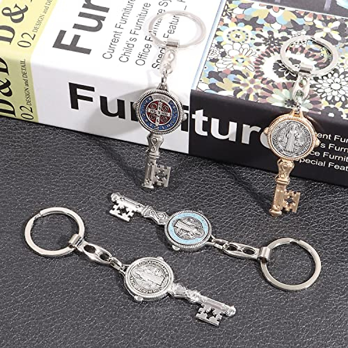 WHLHMK 4Pcs Saint Benedict Medal Keychain, St Benedict Medals Key Chain, Saint Benedict Jubilee Medal, Cross Protection Key Shaped Keychain, Exorcism Medal Christian Sacramental Medal Keyring