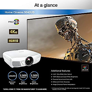 Epson Home Cinema 5040UB 3LCD Home Theater Projector with 4K Enhancement, HDR10, 100% Balanced Color and White Brightness, Ultra Wide DCI-P3 Color Gamut and UltraBlack Contrast (Renewed)