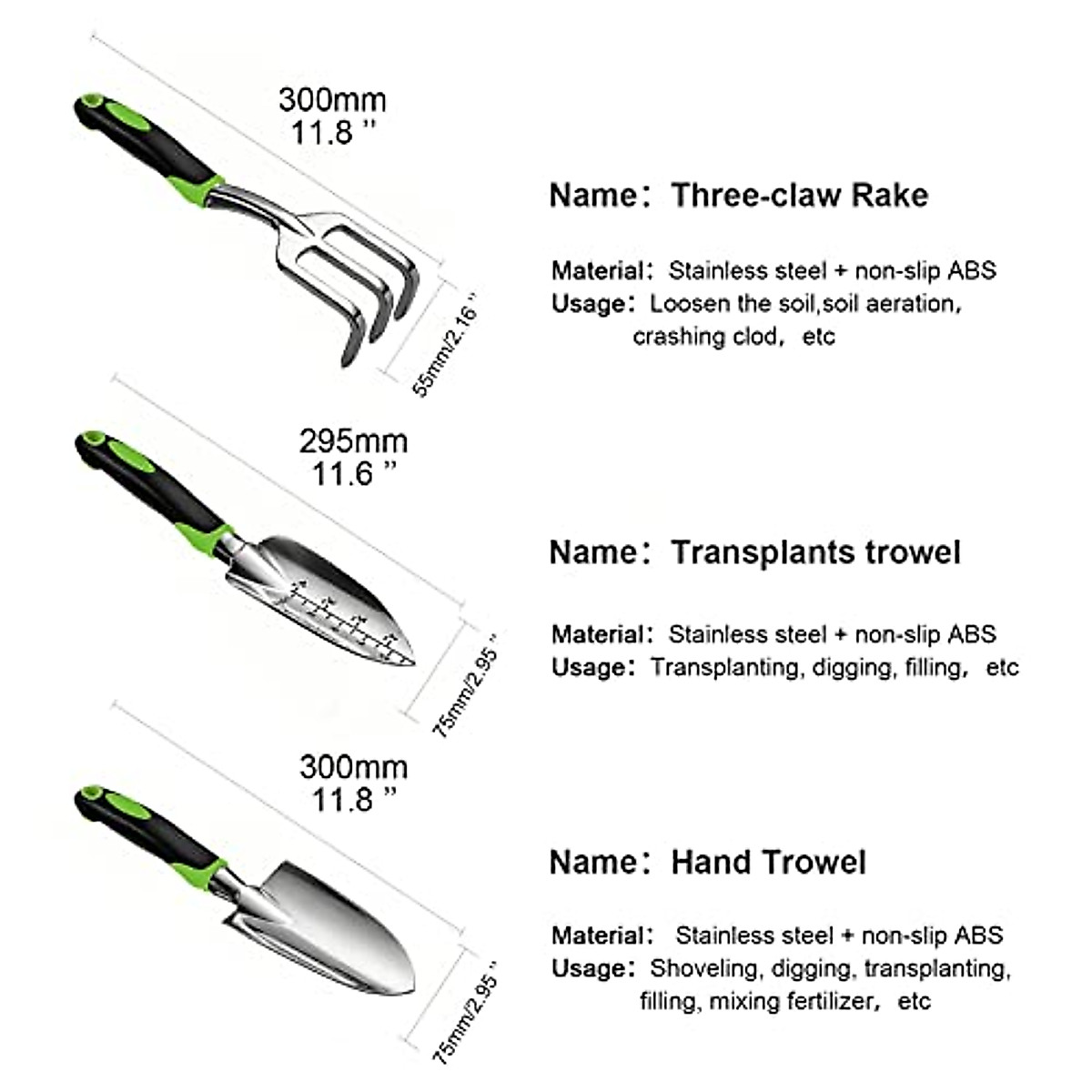 Gardening Hand Tool Set 3 Pack - MDSXO Heavy Duty Gardening Kit with Non-Slip Soft Ergonomic Handle, Great Garden Gift for Women Men[Stainless Steel]