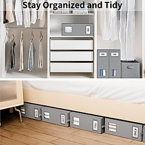 Fixwal 6 Pack Bed Sheet Organizers and Storage Foldable Box for Linen Closet, (Queen & King Size) Bedding Set Containers for Blanket Comforter Pillow Cube with Window and Label, Gray