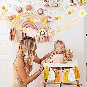 Groovy Party Decoration Garland 5Pcs, Groovy Hippie Banner Daisy Boho Tassel Garland Decor, Pre Strung Pom Pom Spring Party Supplies Hippie Party Decorations for Wall Window Home Room (Pink)