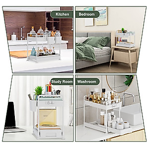 BAYANKHAR Under Sink Organizers and Storage, Multi-purpose Bathroom Organizer Under Sink, 2 Tier Under Kitchen Sink Organizer Sliding Cabinet organizer Basket with Hooks,Hanging Cup,white,2 Pack