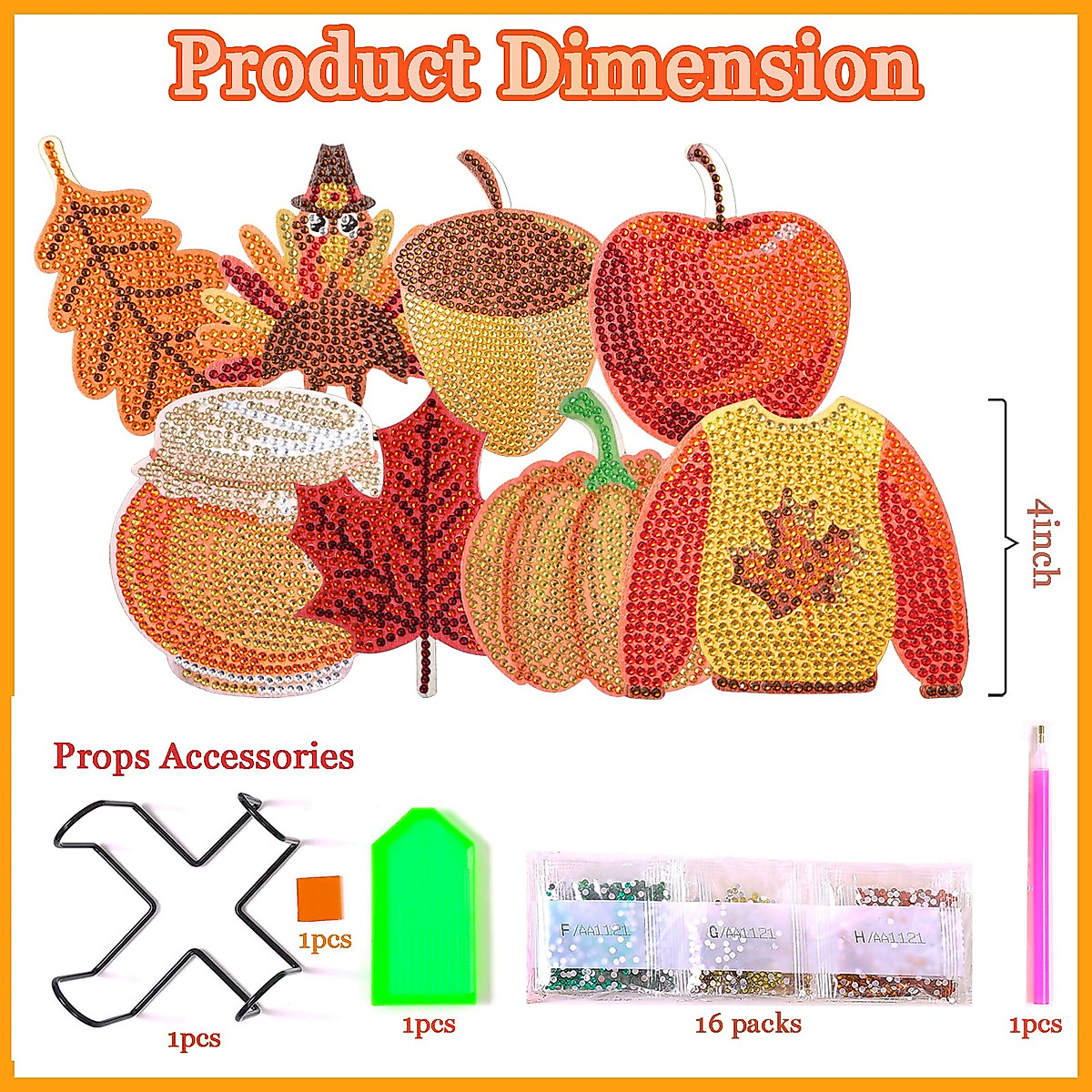 8Pcs Fall Diamond Art Painting Coasters Thanksgiving Diamond Art Coasters Kits with Holder Pumpkin Maple Leaf Turkey DIY 5D Diamonds Coasters for Autumn Harvest Party Adults Kids Beginners Craft