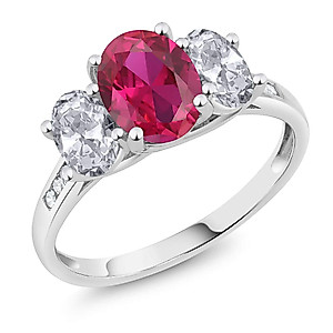 Gem Stone King 10K White Gold Red Created Ruby White Topaz and White Diamond Oval 3-Stone Engagement Ring For Women (2.15 Cttw, Gemstone July Birthstone, Available In Size 5, 6, 7, 8, 9)