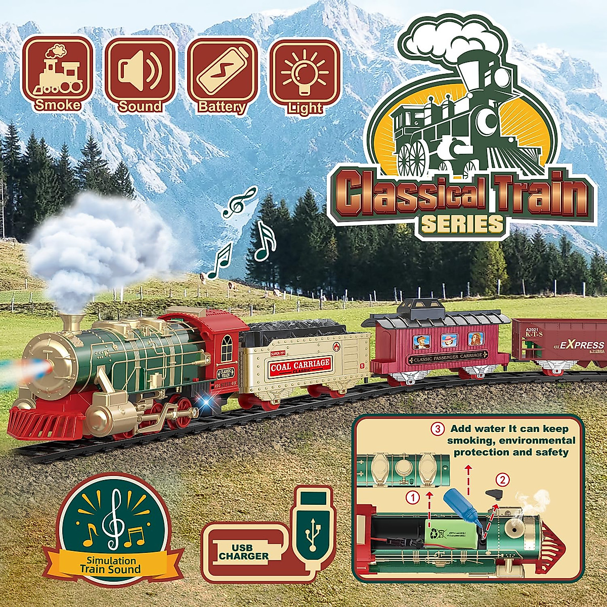 JUQU Train Set - Electric Train Toys w/Smoke, Light and Sounds, Toddler Train Sets for Boys 2-4 4-7 w/Steam Locomotive Engine,Carriages and Tracks, Christmas Train Gift for 3 4 5 6 7 8+ Year Old Kids