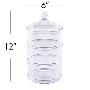 DecorFest 3-Tier Stackable Plastic Candy Jar with Lid Premium Acrylic Plastic BPA-Free, Decorative Canister Organizer Apothecary – 6” Diameter x 12”H - Clear