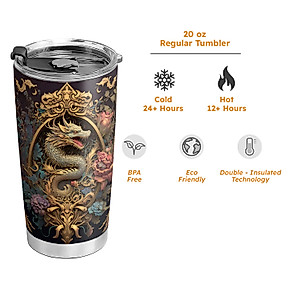 20oz Vintage Flower Dragon Tumbler, Gaming, Gamers Gifts for Dragon Lovers, Coffee Thermos for Women, Stainless Steel Double Wall Vacuum Insulated Coffee Mug, Travel Cup with Lid