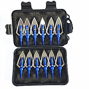 e5e10 Steel Flat Broadheads with 2 Blades 100 Grain Hunting Arrow Tips Screw Thread 0.9" Cut Archery Arrowheads + 1 pcs Black Broadhead Case Plastic Portable Case for Arrowheads (12pcs) (Blue)