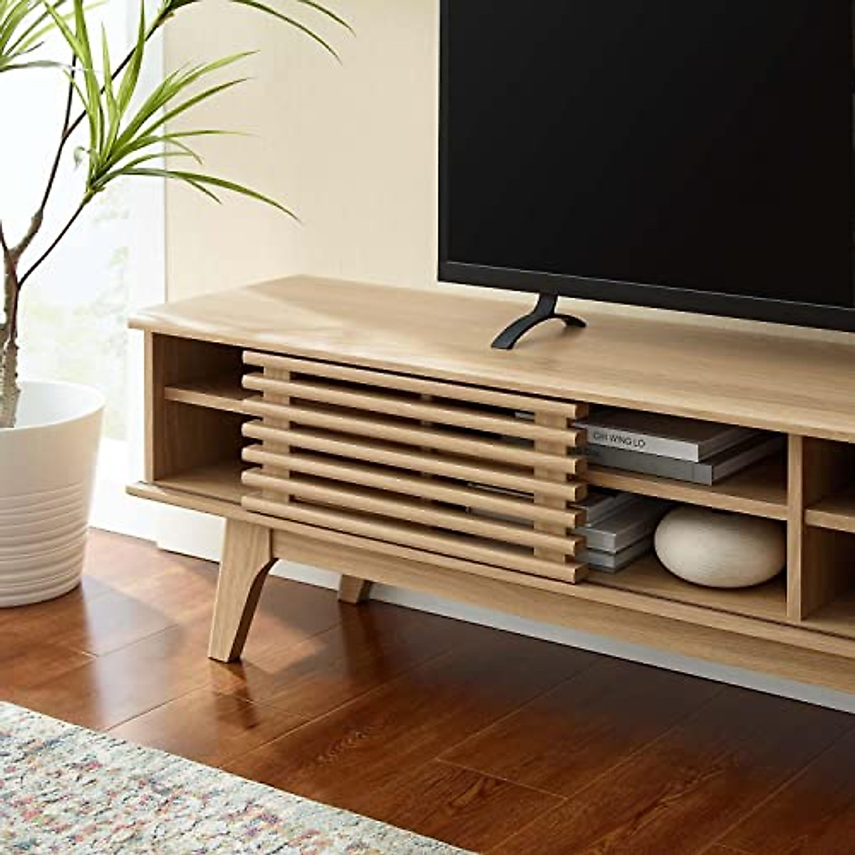 Modway Render Mid-Century Modern Low Profile 70 Inch Media Console TV Stand in Oak, 70"