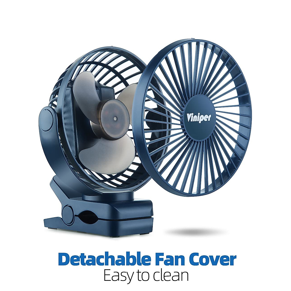 Viniper 6 inch Rechargeable Clip on Fan, 5000mah Battery Desk Fan : 360° Rotation & 3 Speeds Strong Wind Portable Fan, 8-30 Working Hours, Quiet and Powerful (Blue)