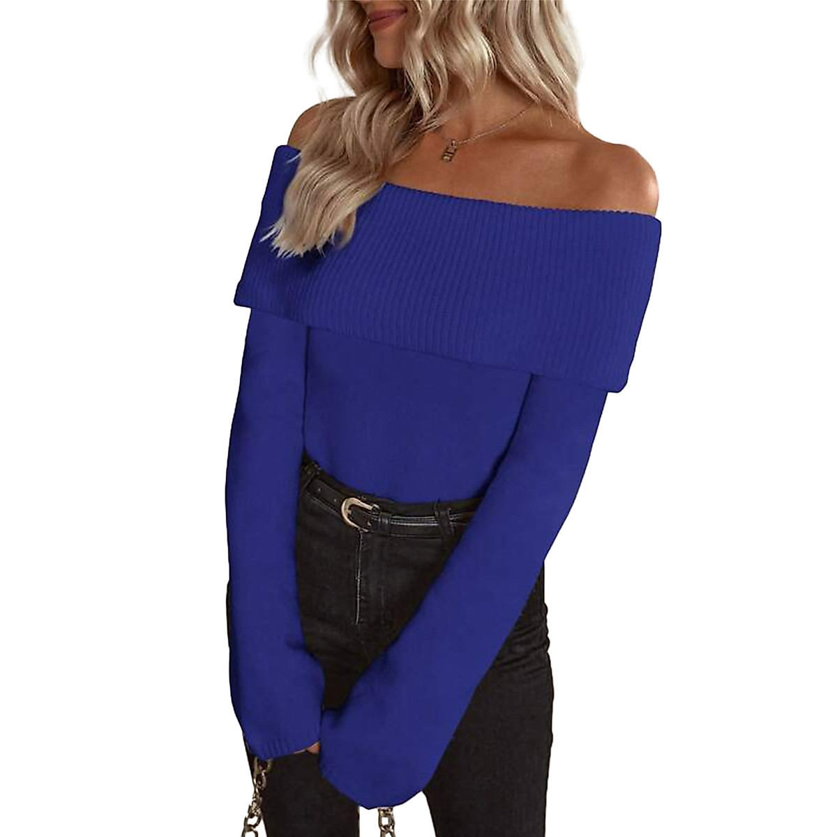 Labolliy Women Off Shoulder Fold Over Long Sleeve Sweaters Casual Solid Ribbed Knit 2023 Fall Pullover Jumper Tops Royal Blue