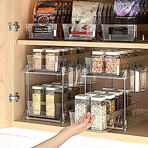 2 Tier Bathroom Organizer with Dividers,1 Set Clear Under Sink Organizers Storage Slide Out Bathroom Vanity Counter Storage Container with 4 Cups for Kitchen Pantry Cabinet Closet, Medicine Organizer