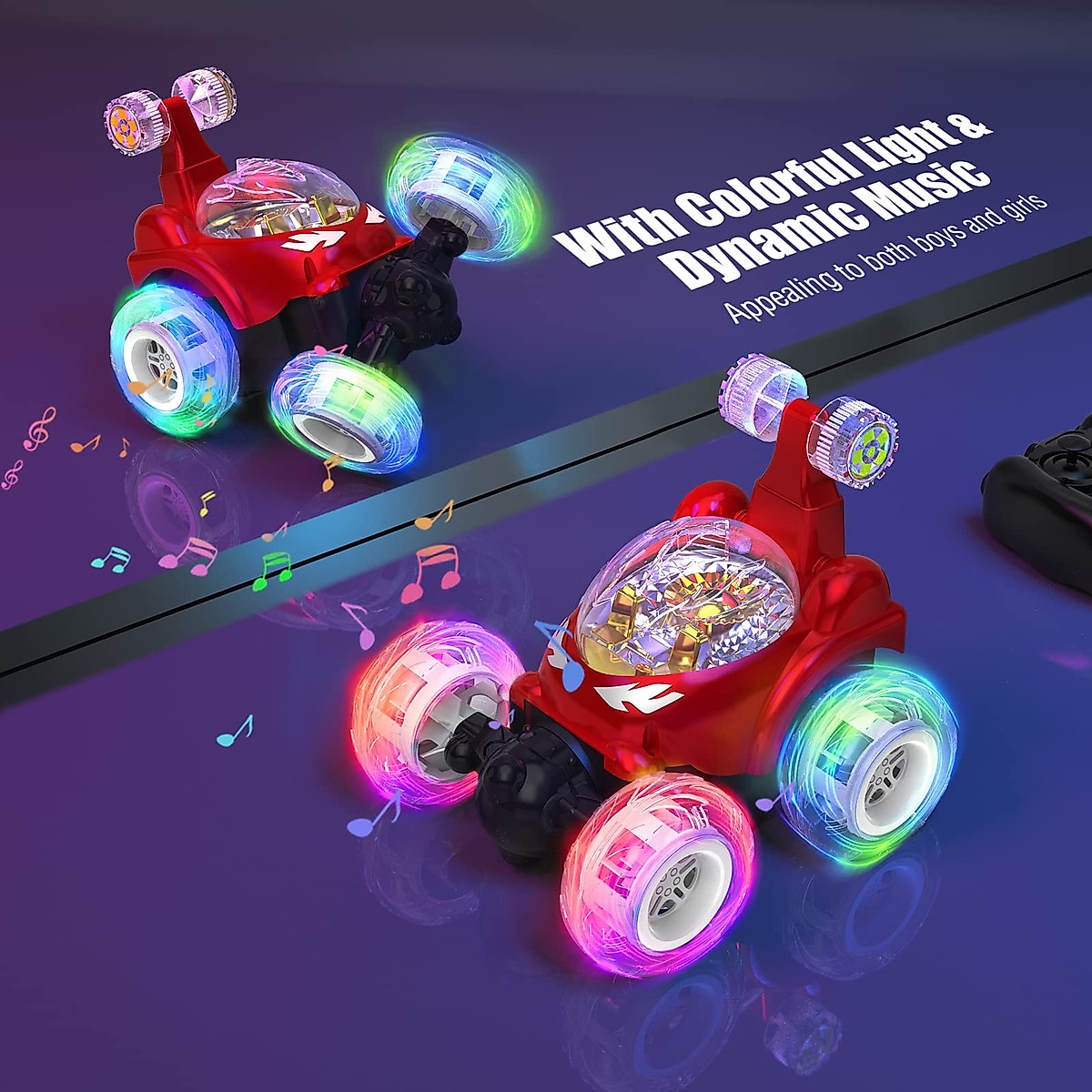 Kizeefun RC Stunt Car, Invincible 360°Rolling Twister with Colorful Lights & Music, Rechargeable Remote Control Car for Kids (Red), Unisex