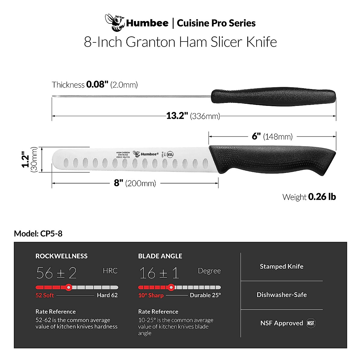 Humbee Chef 8-Inch Carving Knife with Granton Edge for Turkey Ham Meat Slicing and cutting NSF Certified CP5-8 Black