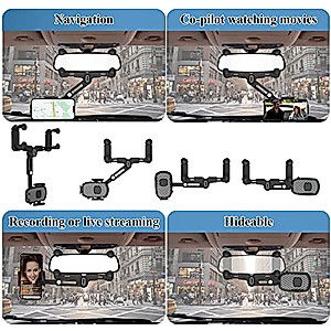 JDHDL Phone Mount for Car, Rear View Mirror Phone Holder, Rotatable and Retractable Car Phone Holder Mount Rearview Mirror Phone Holder for Car Compatible with iPhone Samsung All 4-7 Inch Cell Phones