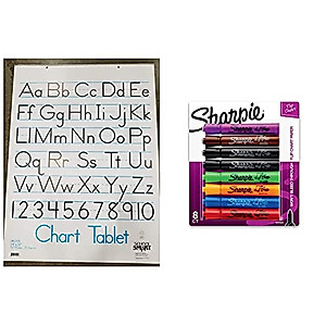 School Smart Chart Tablet, 24 x 32 Inches, 1-1/2 Inch Ruling, 1/2 Inch Skip Line, 25 Sheets, Cover may vary & SHARPIE Flip Chart Markers, Bullet Tip, Assorted Colors, 8 Pack