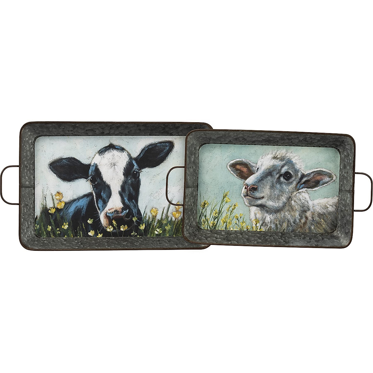 Primitives by Kathy, 105443, Sheep And Cow Print Tray with Handles, Set of 2, Small and Large