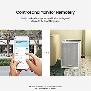 SAMSUNG Bluesky Compact Air Purifier, Home Filtration System for Small Rooms w/ Smart Purification, Remote Monitoring and Control, Auto and Sleep Modes, AX26BG3100GG, Grey