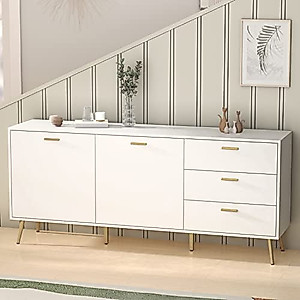 Homsee Sideboard Cabinet with 3 Drawers & 2 Doors, Modern Kitchen Buffet Storage Console Cabinet with Metal Legs for Living Room, Dining Room & Entryway, White (69”L x 15.6”W x 30”H)