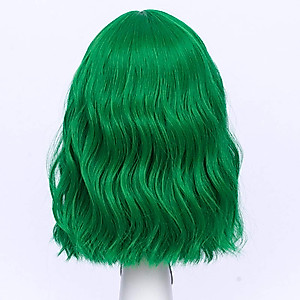 LABEAUTÉ Green Wig Short Bob Wavy Wig with Air Bangs for Women, St.Patrick's Day Wig Heat Resistance Shoulder Length Curled Wigs for Daily Use, Cosplay and Theme Parties- 14inch, Mint Green