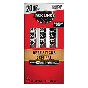 Jack Link's Beef Sticks, Original – Protein Snack, Meat Stick with 6g of Protein, Made with 100% Beef, Individually Wrapped Beef Snack Sticks – 0.92 Oz. (20 Count)
