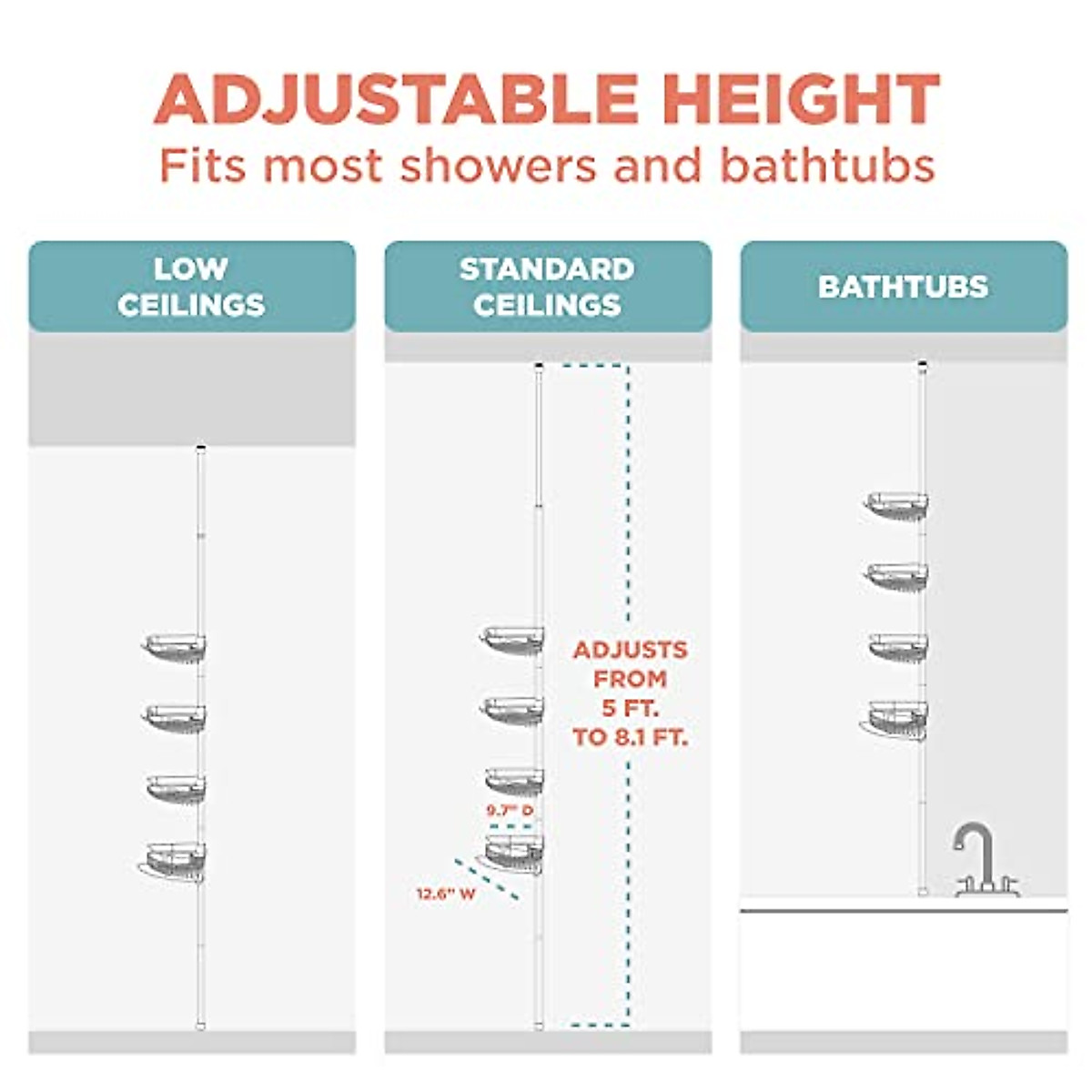 Zenna Home Rust-Resistant Corner Shower Caddy for Bathroom, 4 Adjustable Shelves with Towel Bar and Hooks, with Tension Pole, for Bath and Shower Storage, 60-97 Inch, Chrome