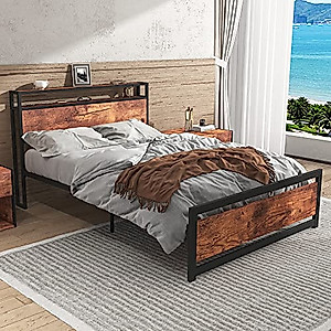 Osfvolr Full Size Bed Frame, Industrial Metal Platform Bed Frame with 2 Tier Storage Wooden Headboard and Footboard, Large Under Bed Storage, No Box Spring Needed, Easy Assembly, Vintage Brown